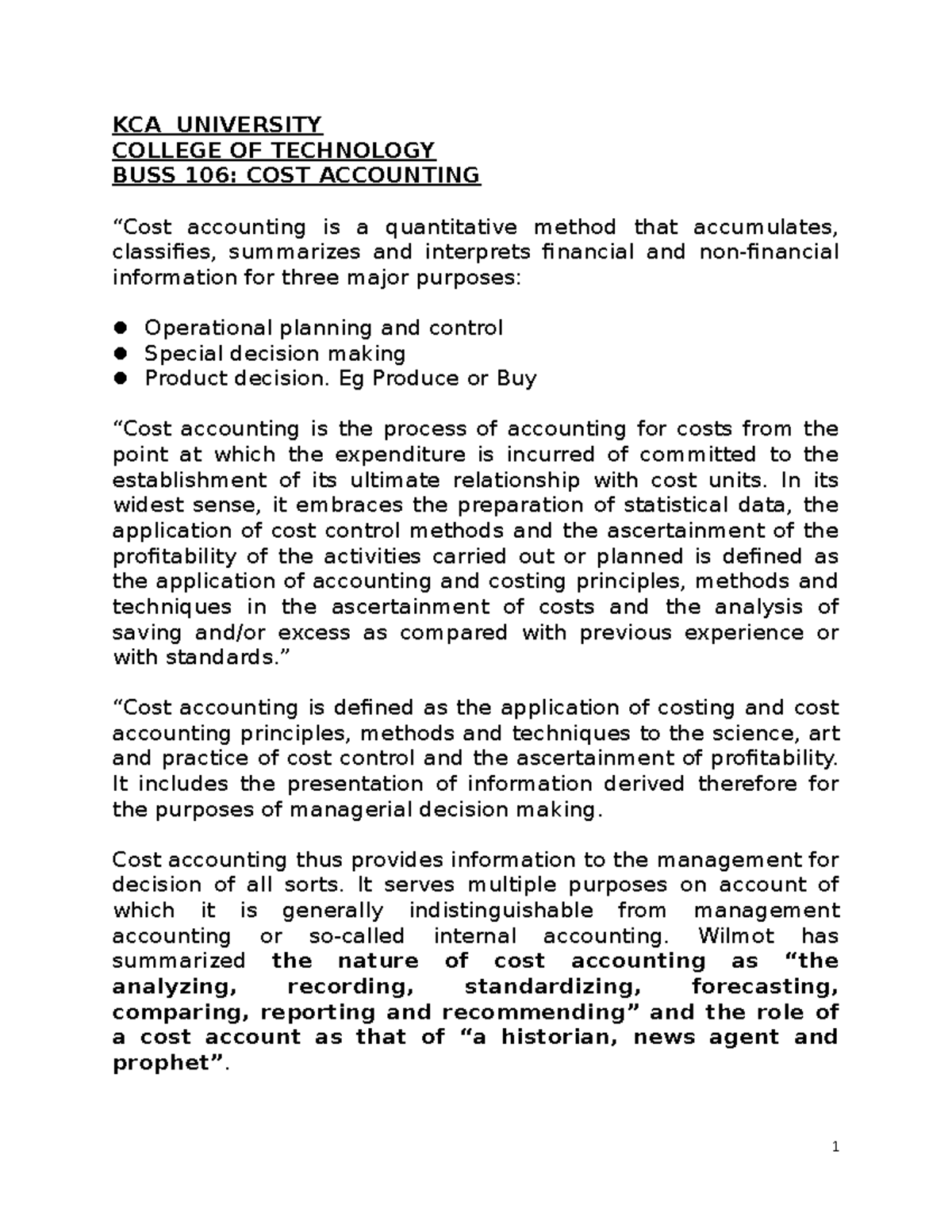 COST Accounting - Notes - KCA UNIVERSITY COLLEGE OF TECHNOLOGY BUSS 106 ...