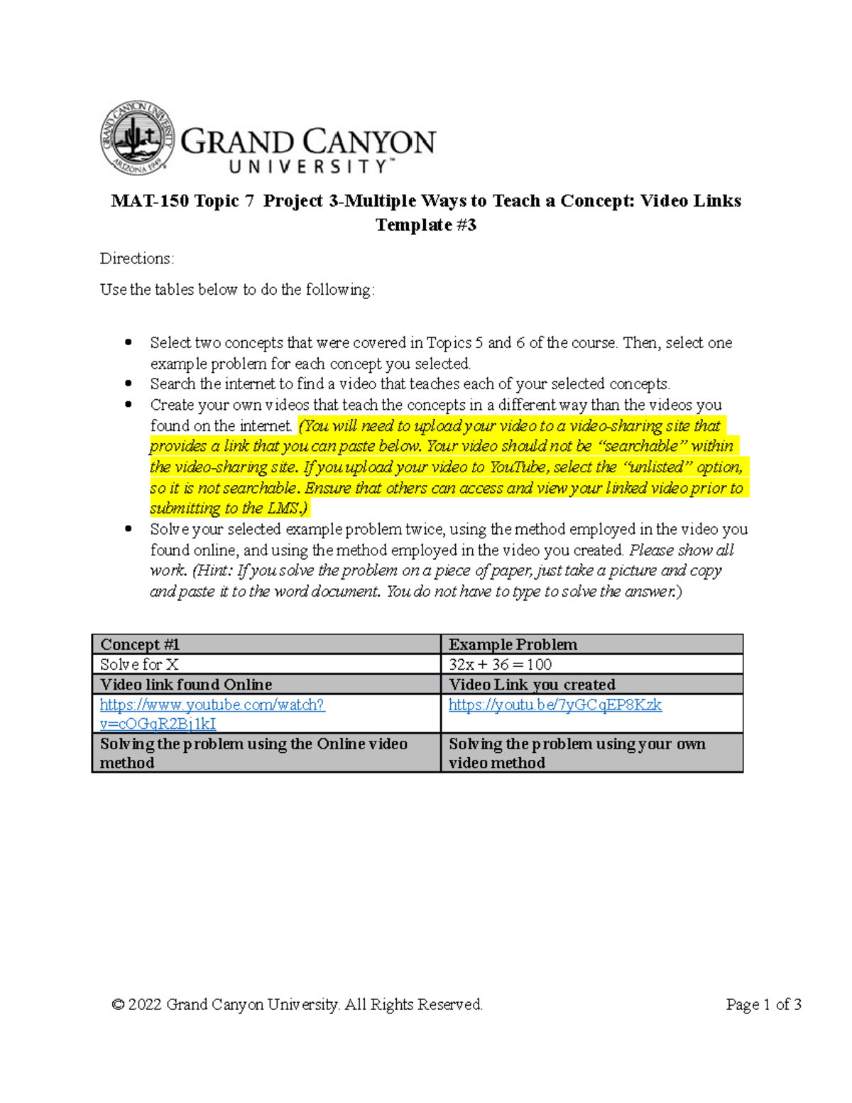 MAT-151-T7-Project 3-Multiple Ways to Teach a Concept Video Links ...