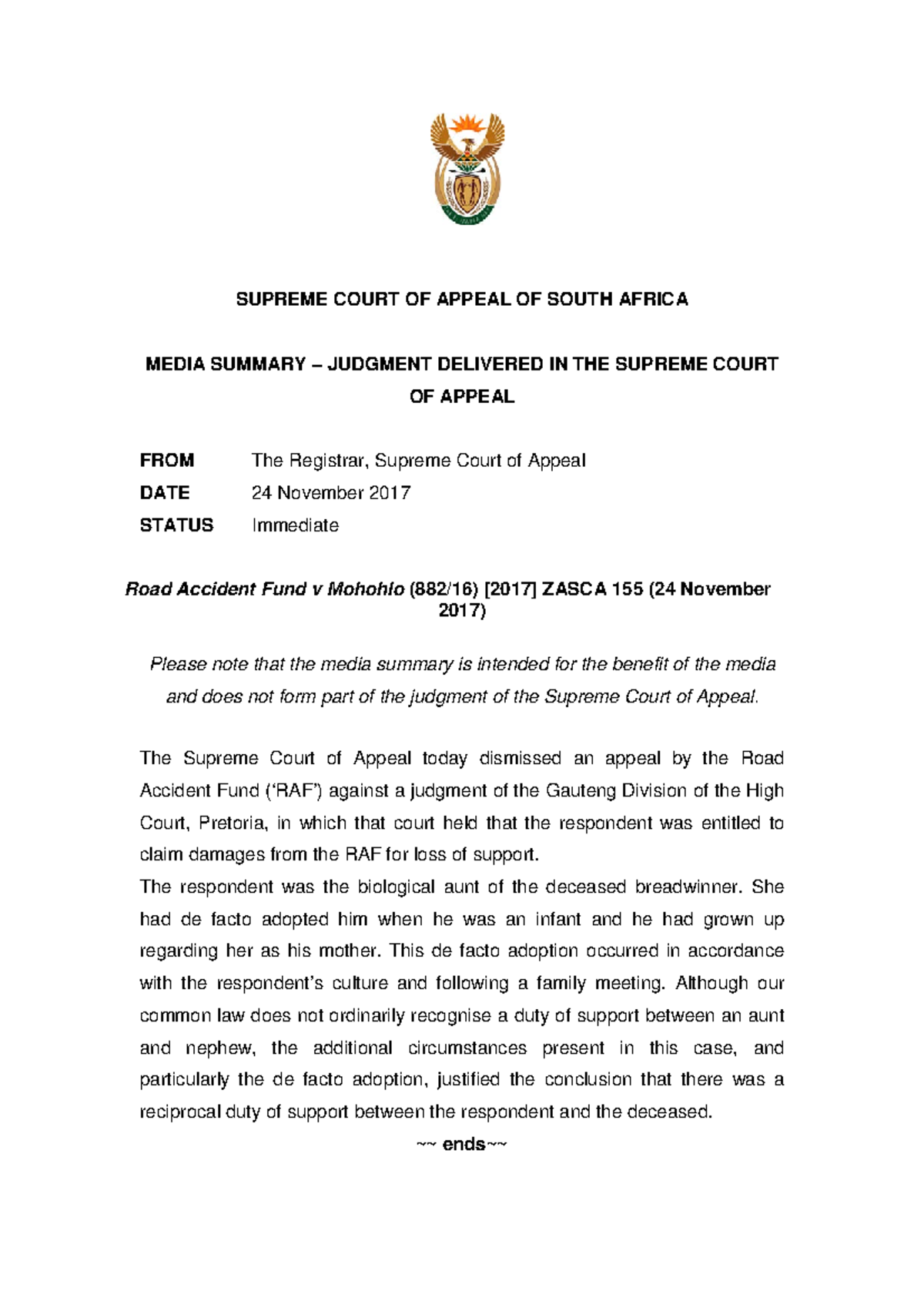RAF VERSUS MOHOHLO - SUPREME COURT OF APPEAL OF SOUTH AFRICA MEDIA ...