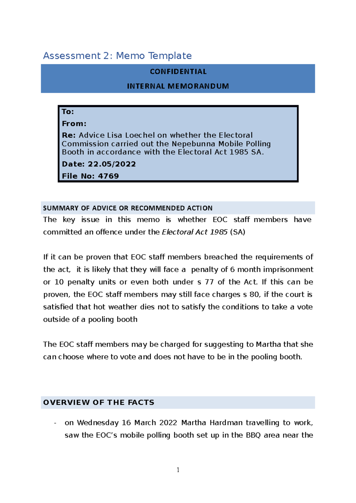 Memo Template - Electoral Act SA - Assessment 2: Memo Template ...