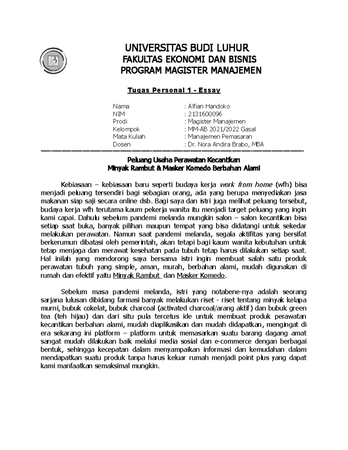 Tugas Personal 1 - Essay MP 2131600096 Alfian Handoko - UNIVERSITAS ...