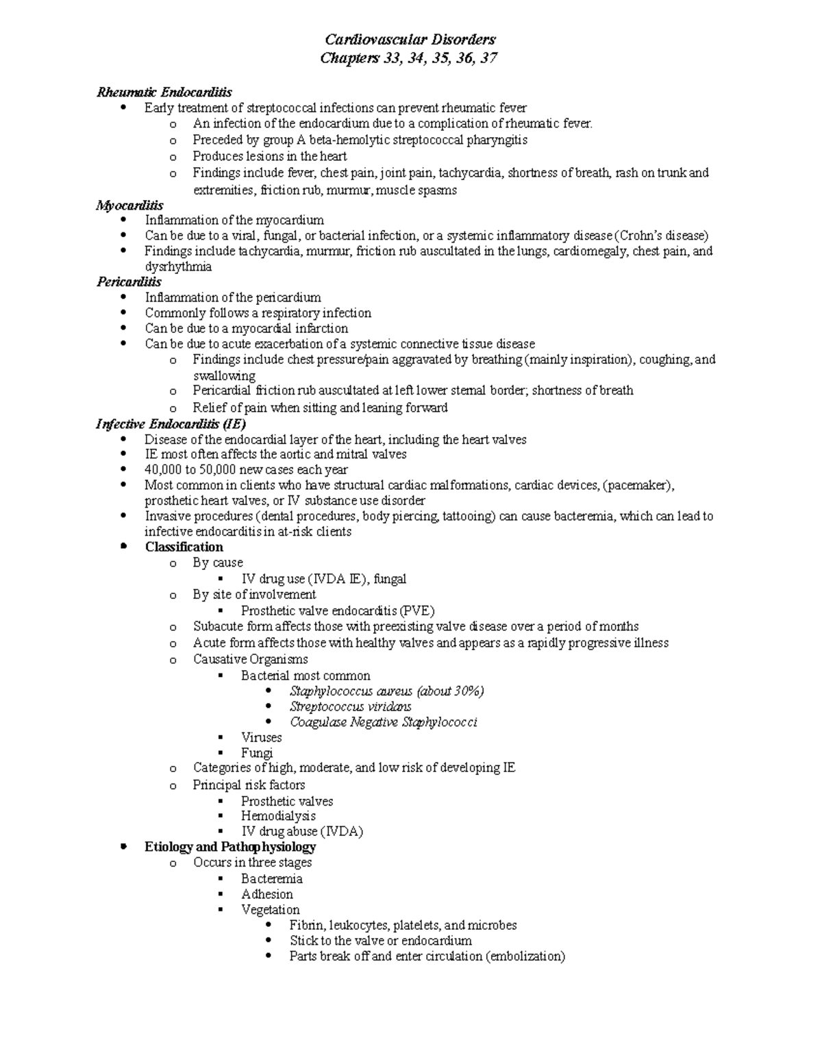 Cardiovascular Disorders Notes - Cardiovascular Disorders Chapters 33 ...