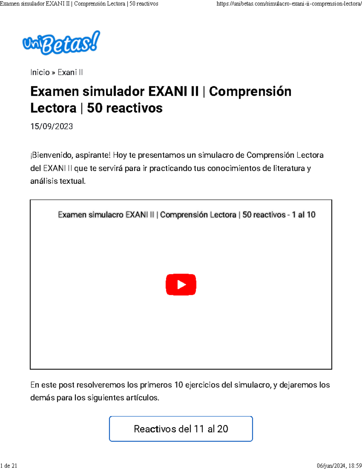 Examen simulador Exani II Comprensión Lectora 50 reactivos - Inicio ...