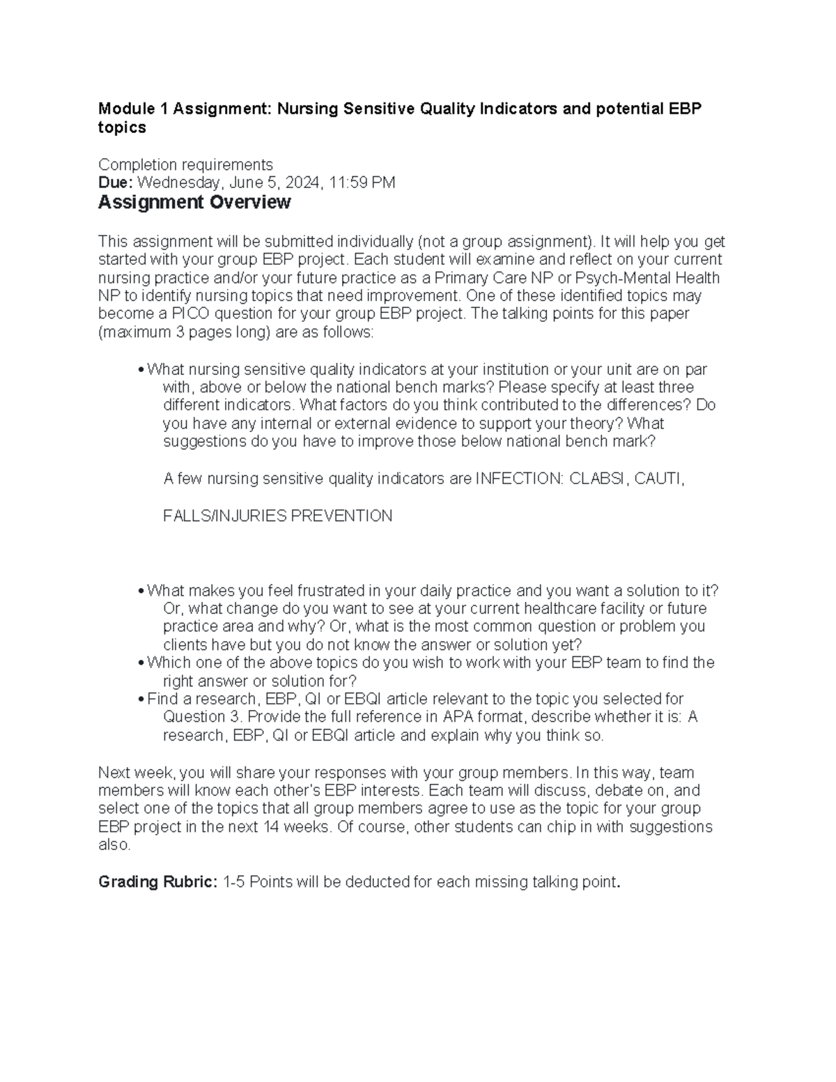 Module 1 Assignment ebp - Module 1 Assignment: Nursing Sensitive ...