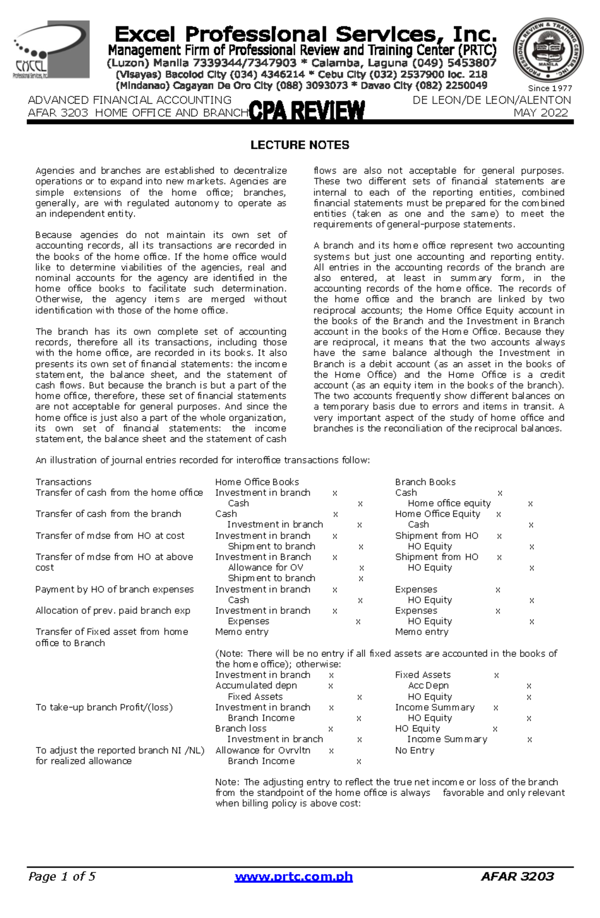 AFAR - NOTES IN AFAR - Page 1 of 5 prtc.com AFAR 3203 ADVANCED ...