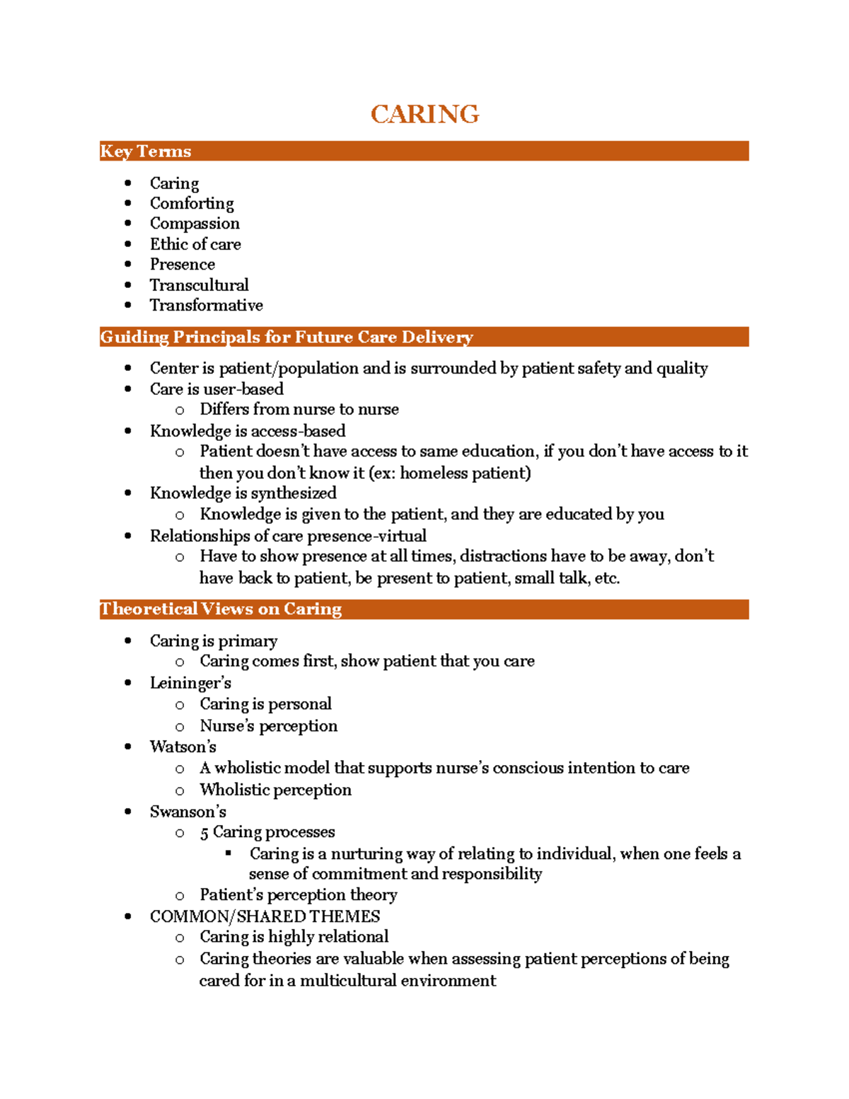 NU205 Caring PPT Notes - M.T. - CARING Key Terms Caring Comforting ...