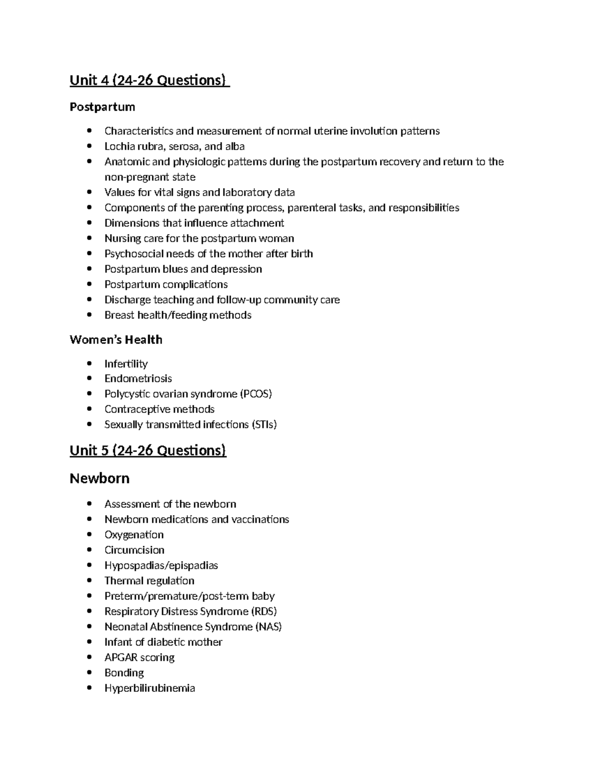 NUR 254 Exam 2 Review Content - Unit 4 (24-26 Questions) Postpartum ...