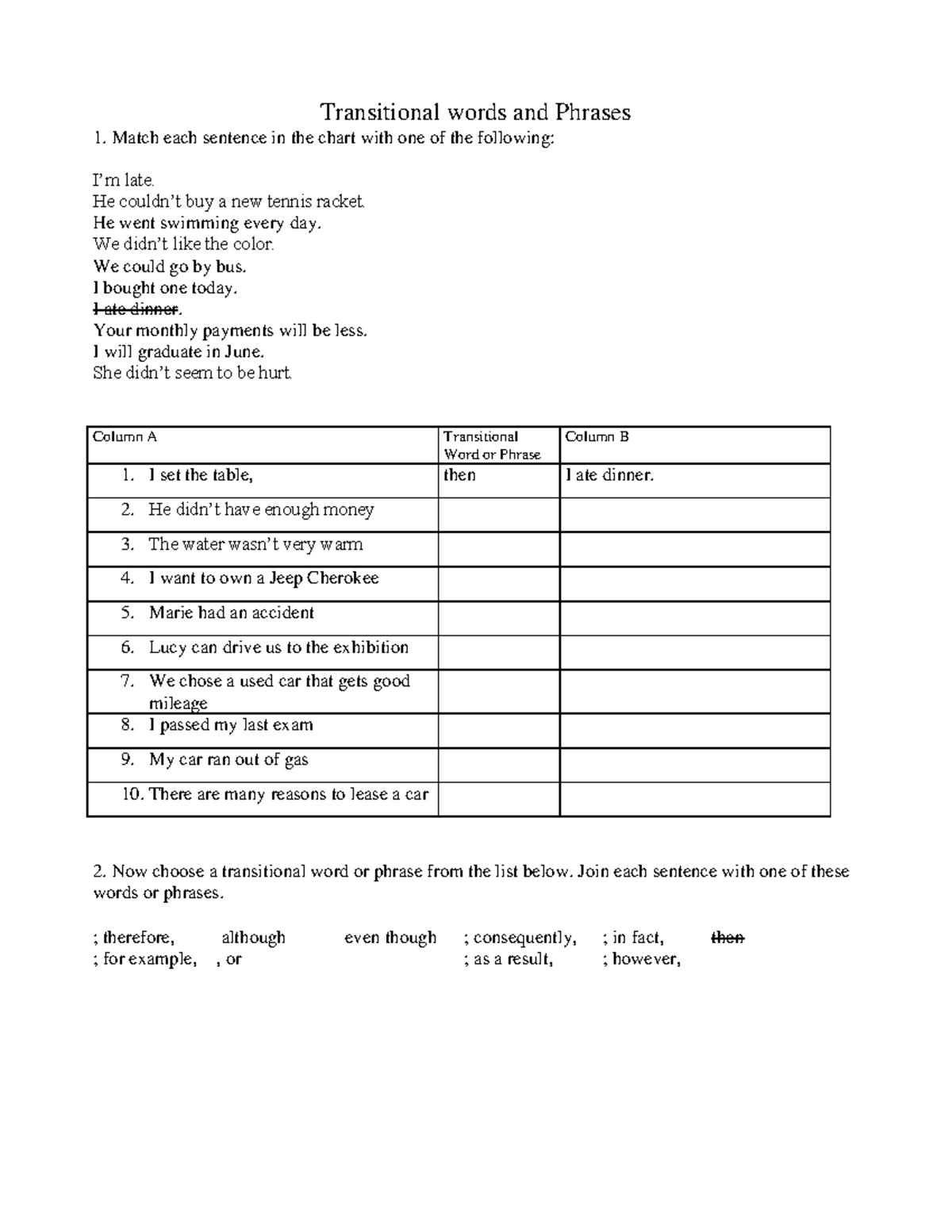 Transitional words and Phrases 2 - Match each sentence in the chart ...