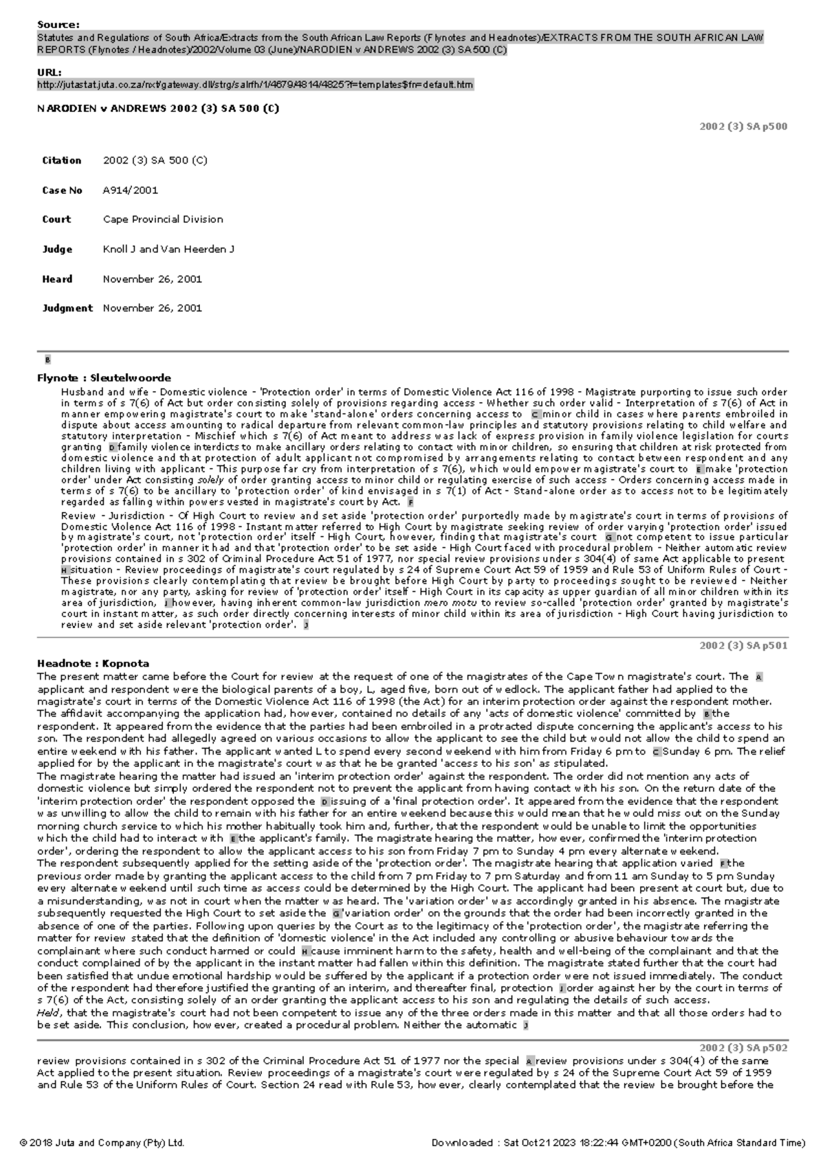 Narodien v Andrews 2002 (3) SA 500 (C) - Source: Statutes and ...