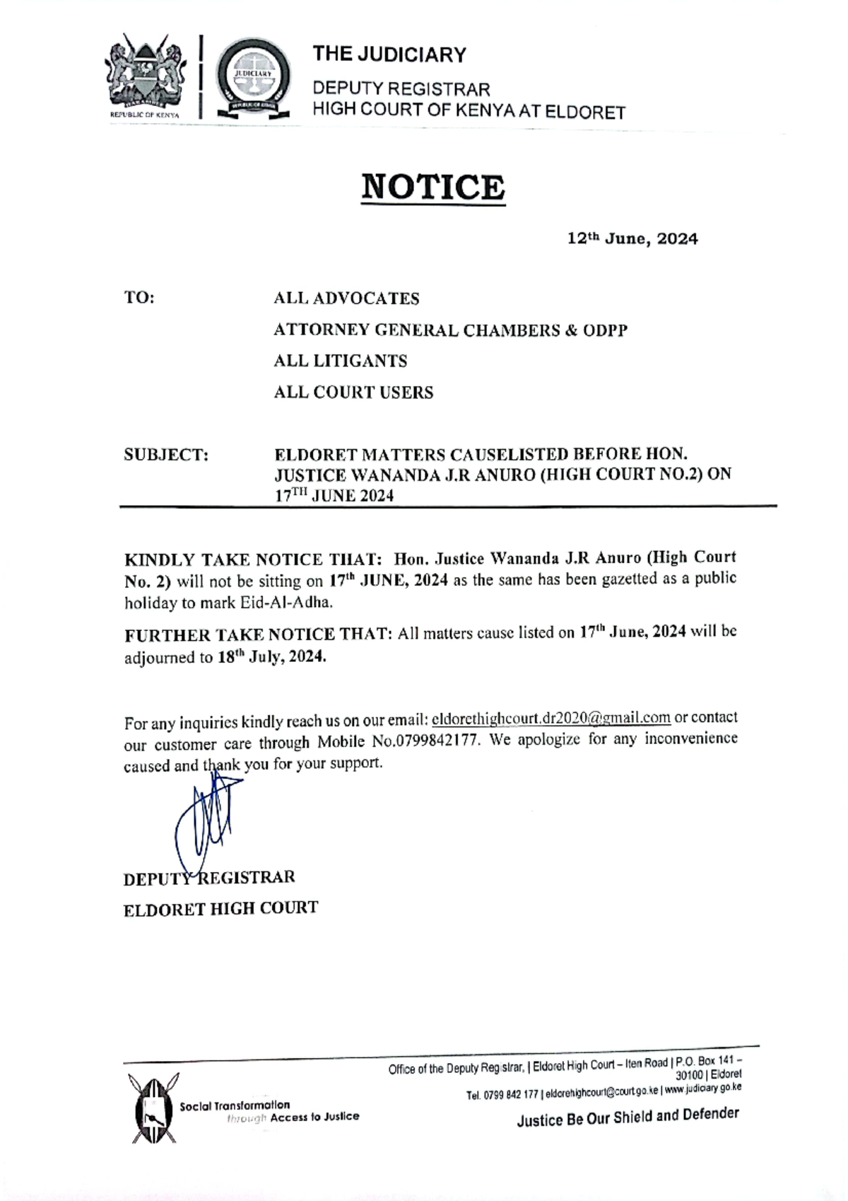 Eldoret HC Notice FOR 17TH JUNE 2024 - THE JUDICIARY JUDICIARY DEPUTY ...