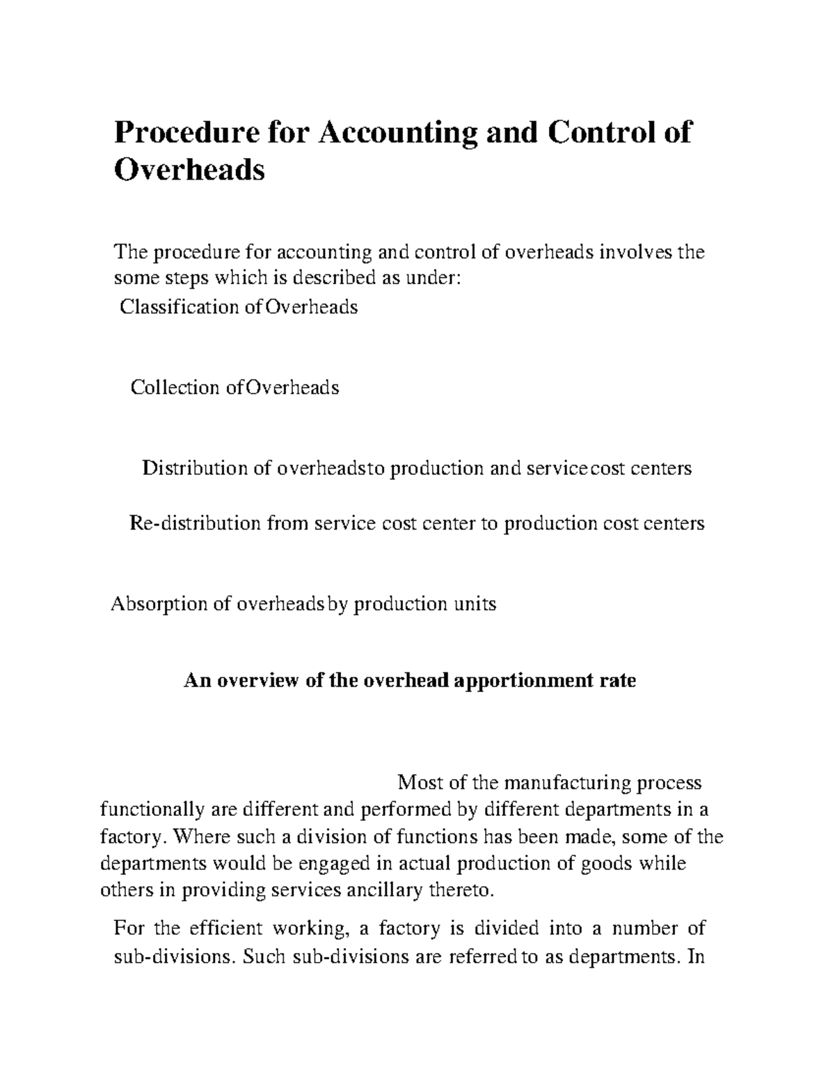 Procedure for Accounting and Control of Overheads - Where such a ...