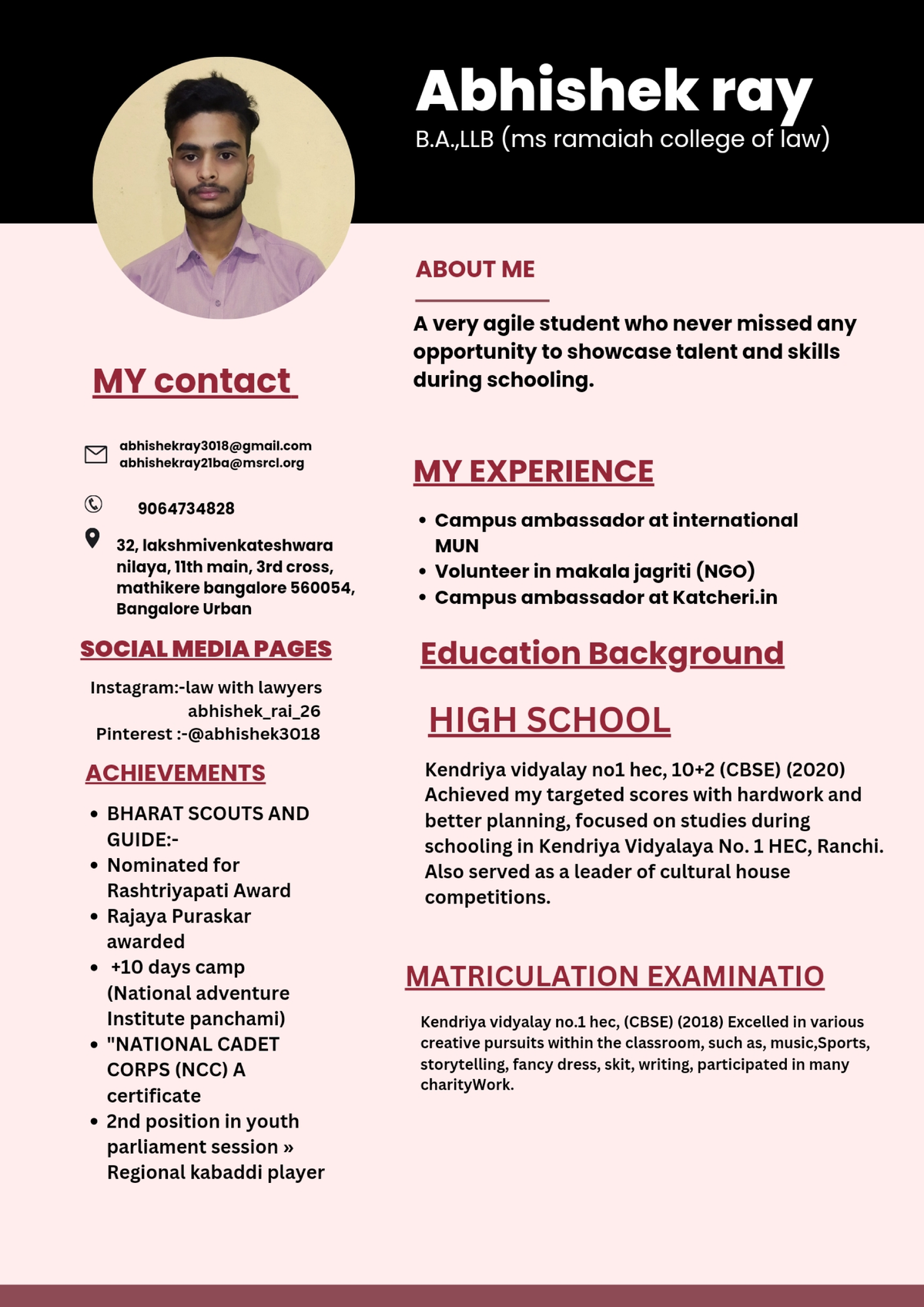 Abhishek new cv - Al ameen - Bba.llb - Studocu