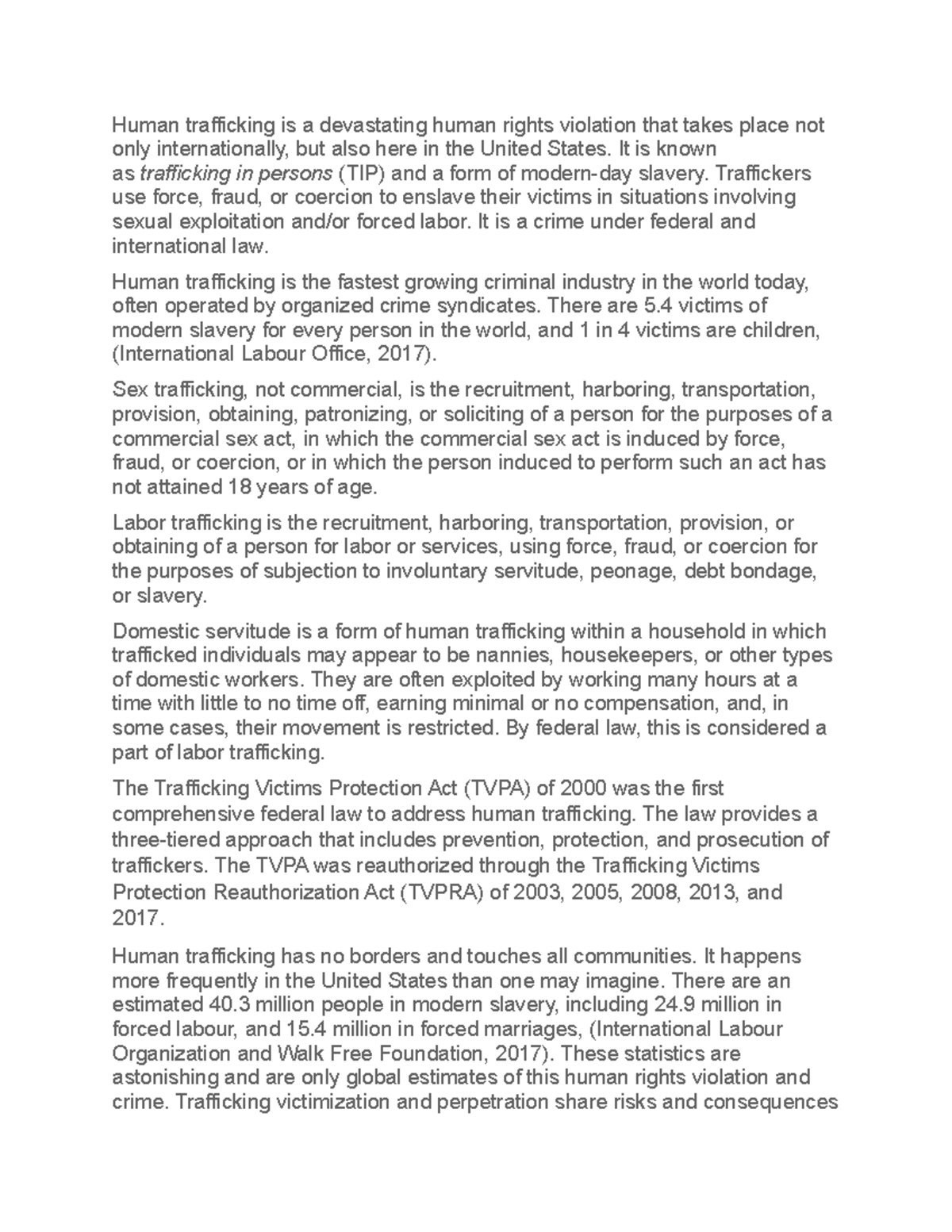 Human Trafficking - Mental health course notes - Human trafficking is a ...