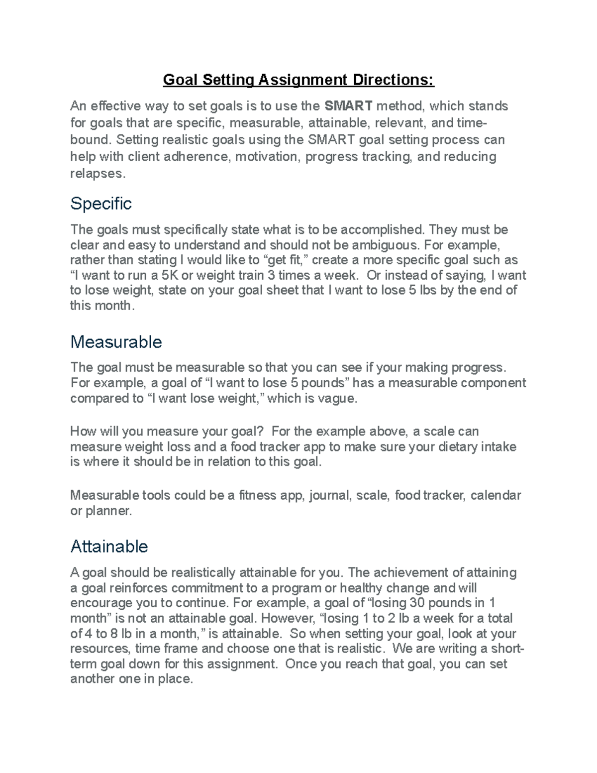 How to write a Smart goal - Goal Setting Assignment Directions: An ...