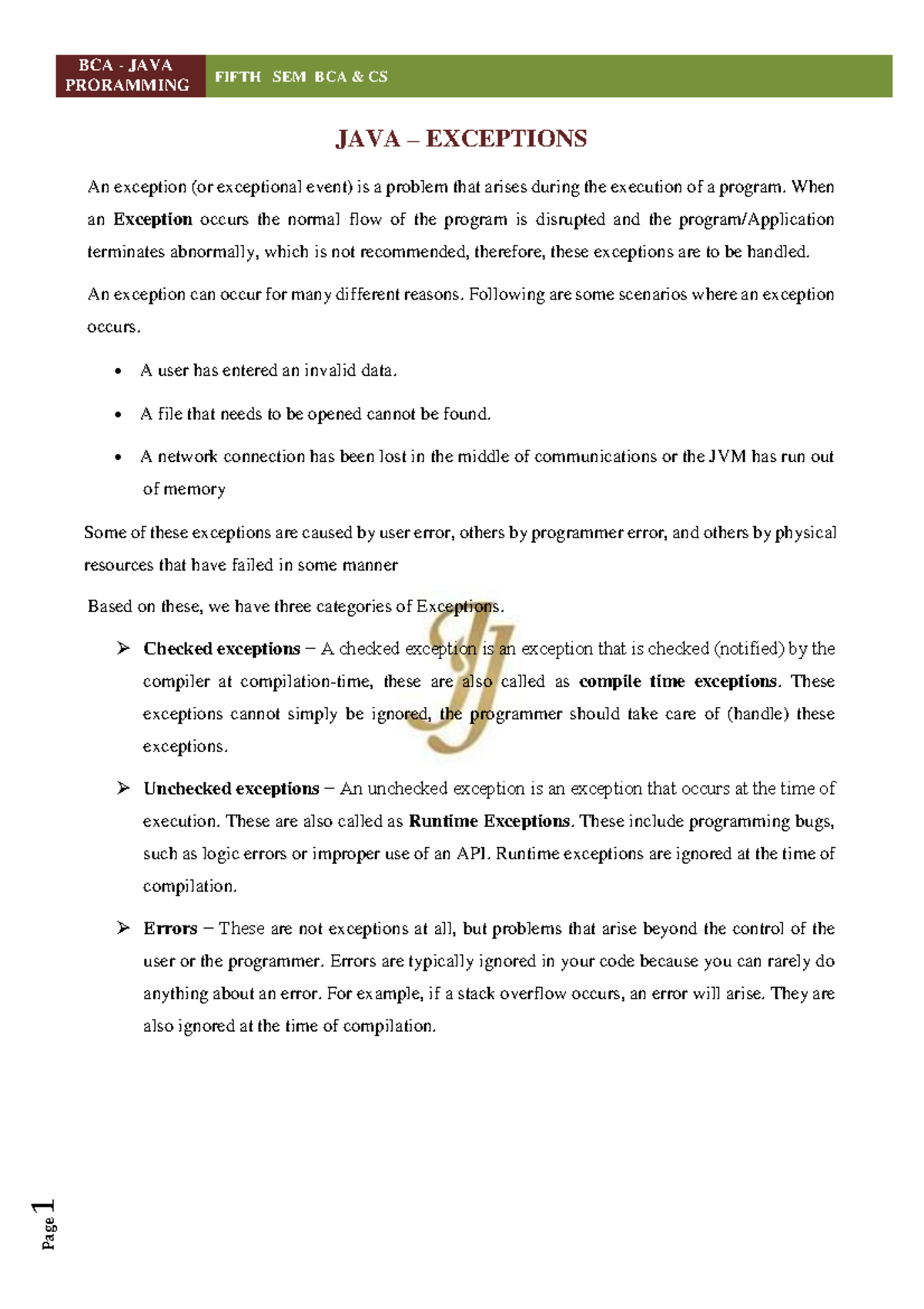 MOD 3 - PRORAMMING FIFTH SEM BCA & CS BCA & CS JAVA – EXCEPTIONS An exception (or - Studocu
