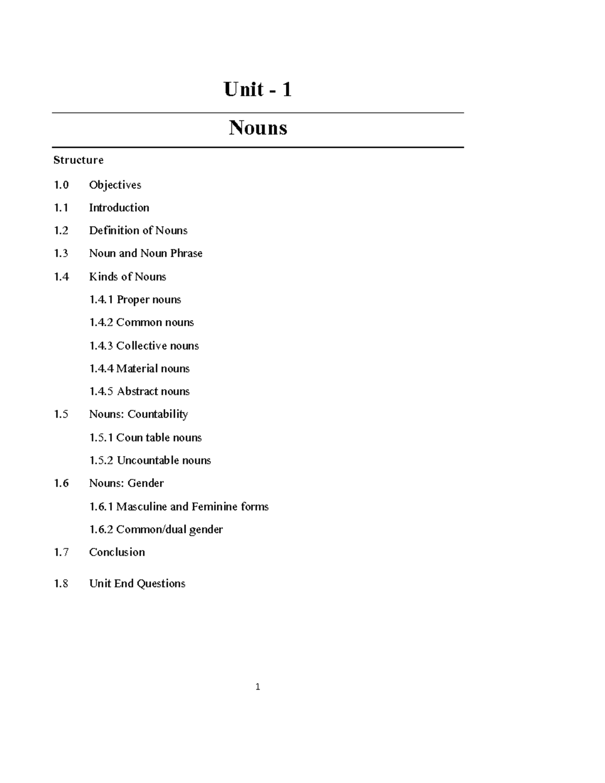 Detailed note on the topic Noun - Unit - 1 Nouns Structure 1 Objectives ...