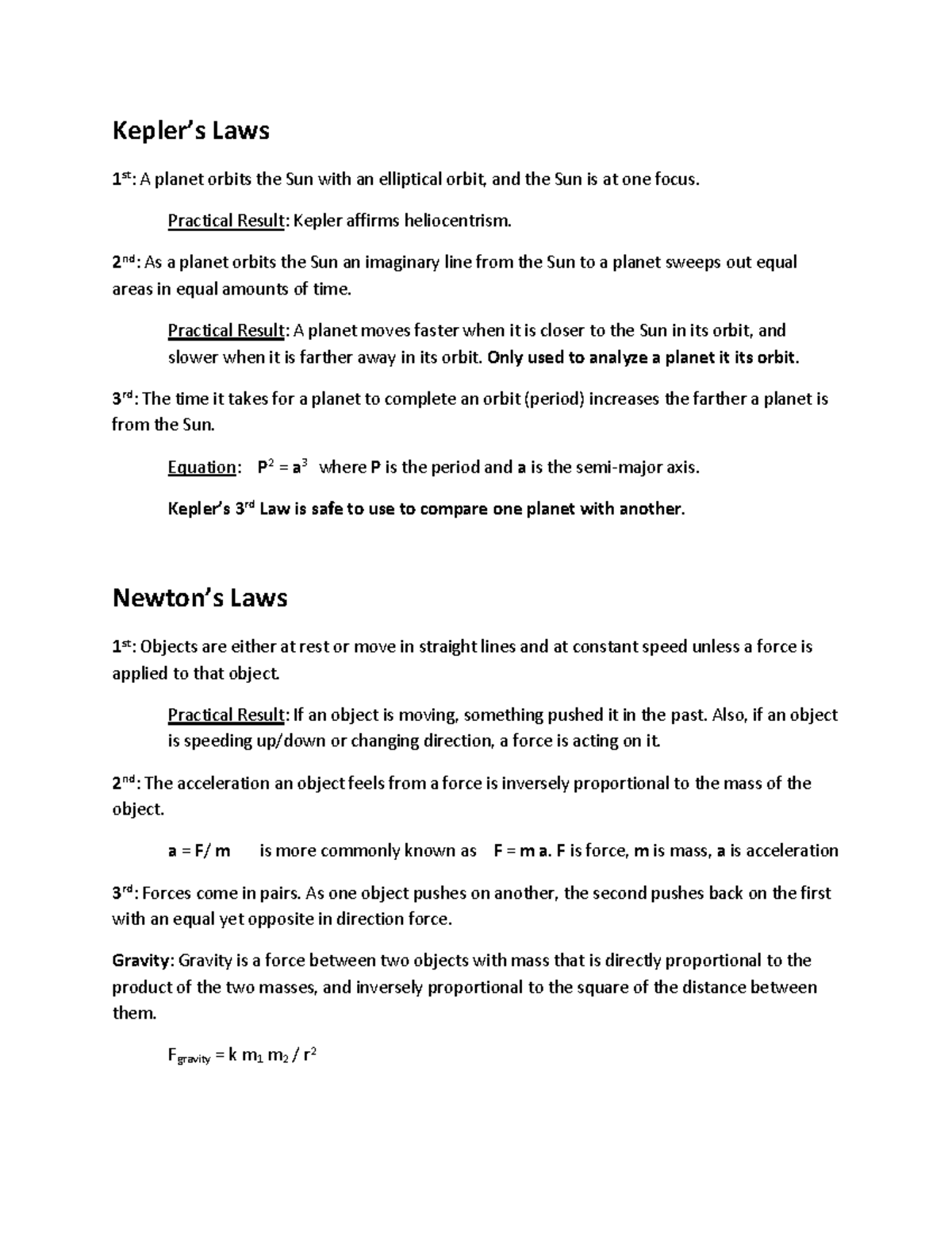 Kepler Newton Laws rev ed 2 - Kepler’s Laws 1 st: A planet orbits the ...