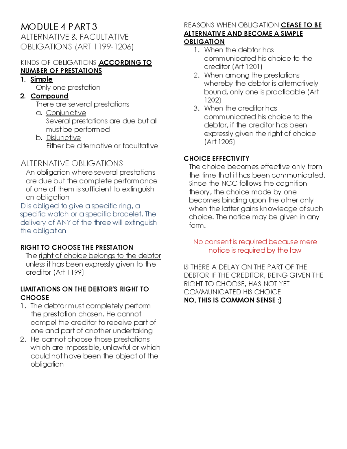 Obligations- Module-4-PART-3 Alternative & Facultative Obligations ...