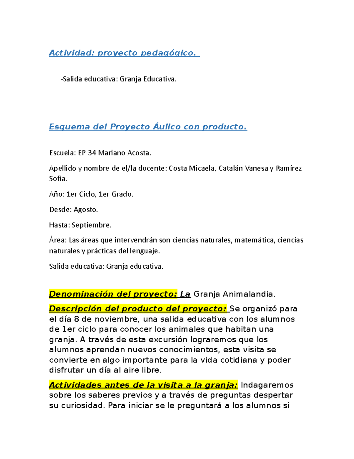 Actividad de granja Terminado - Actividad: proyecto pedagógico. -Salida educativa: Granja ...