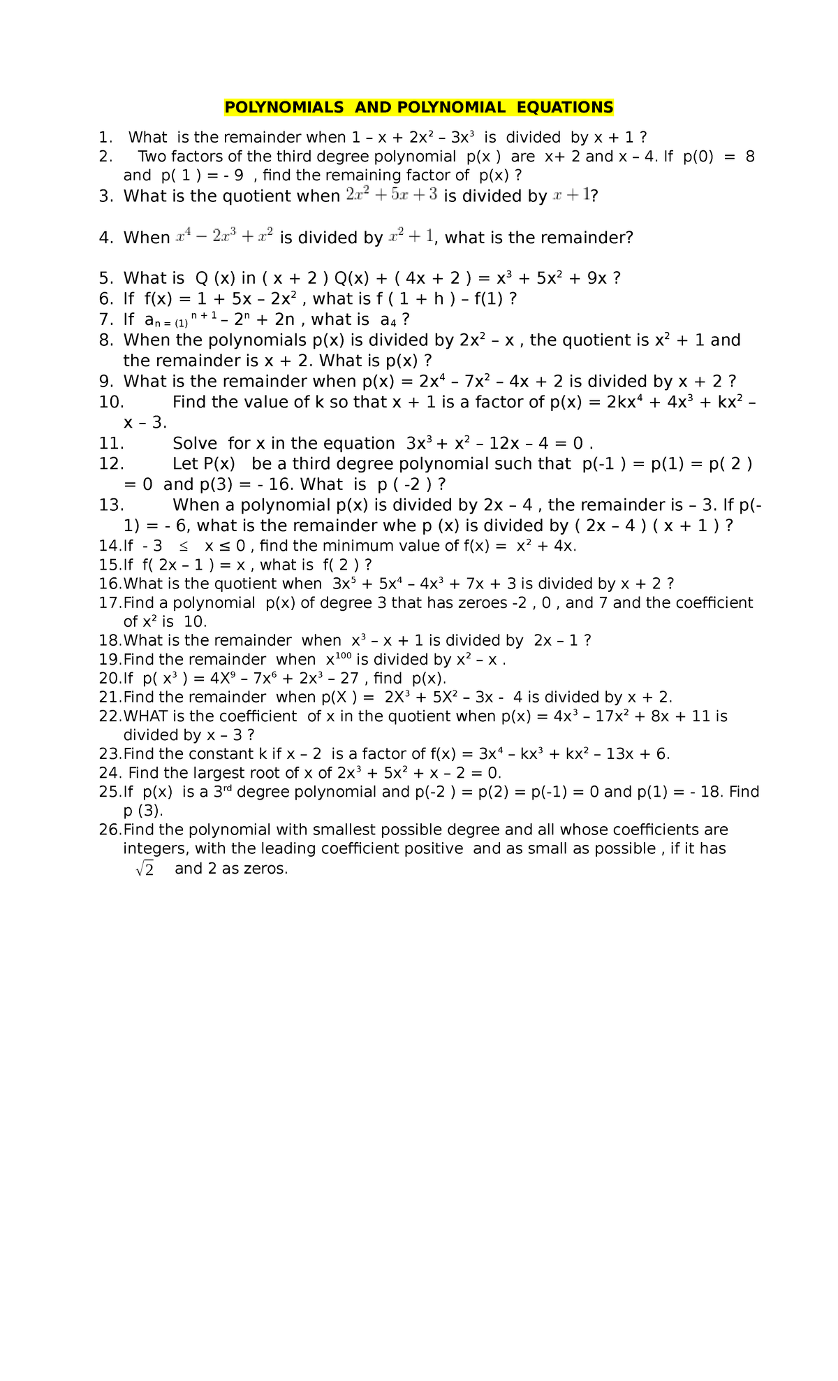 Polynomials AND Polynomial Equations 2 - Mathematics in a Modern World ...