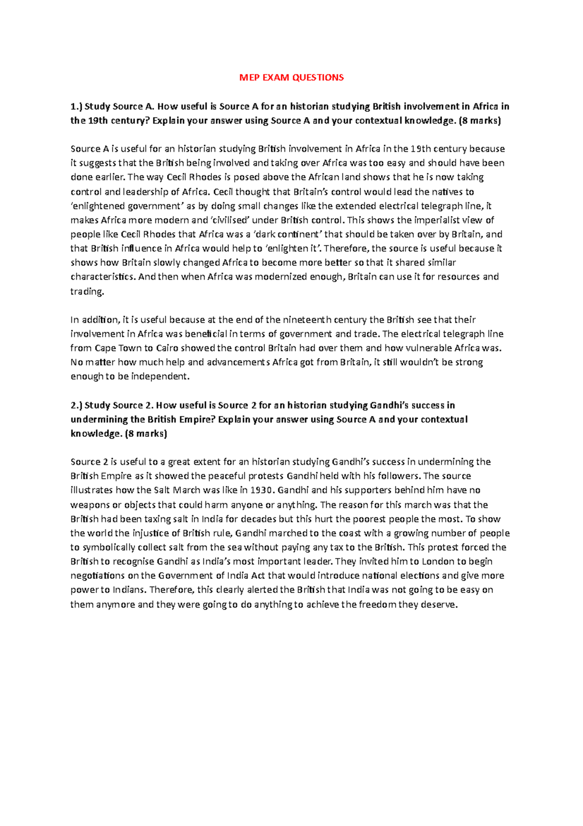 History exam questions for MEP - MEP EXAM QUESTIONS 1.) Study Source A ...