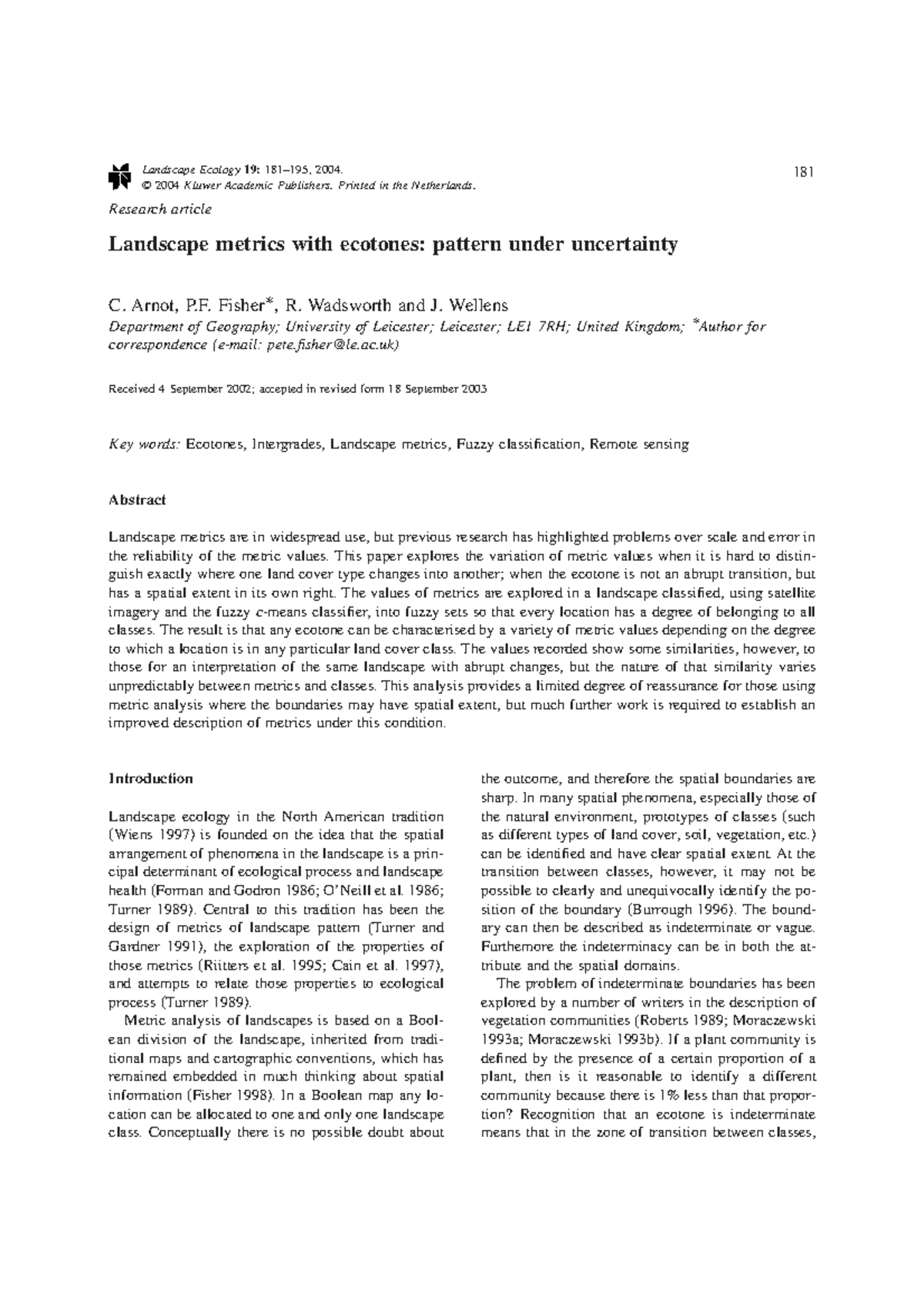 Arnot 2004 Landscape Metrics With Ecotones - Research article Landscape ...