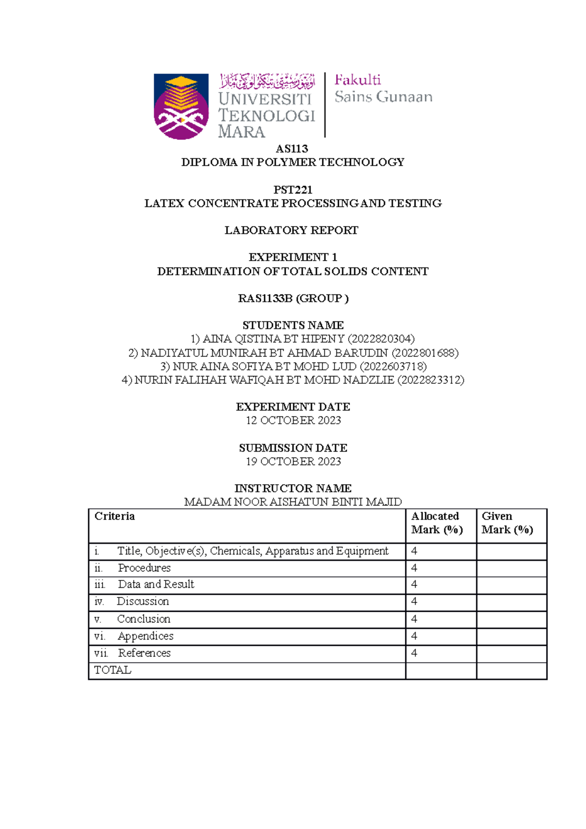 Draft PST221 EXP1 - exp1 - AS DIPLOMA IN POLYMER TECHNOLOGY PST LATEX ...