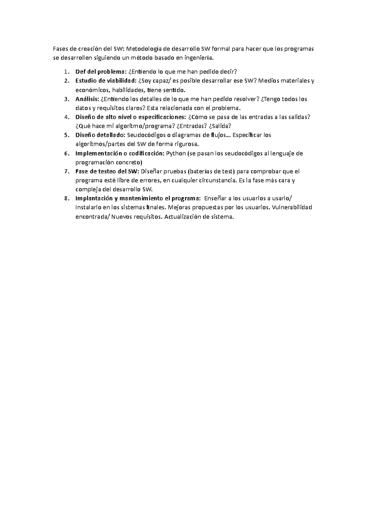 Fases creacion de SW - Fases de creación del SW: Metodología de ...