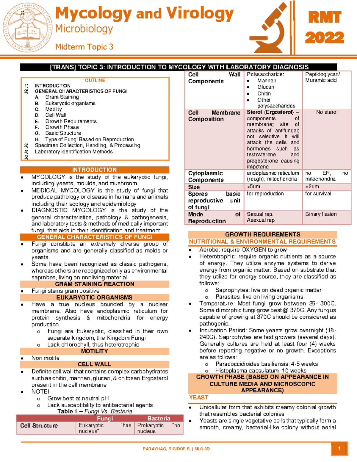 Midterm Myco Viro Topic 3- Introduction to Mycology - Mycology and Virology Midterm Topic 3 RMT ...