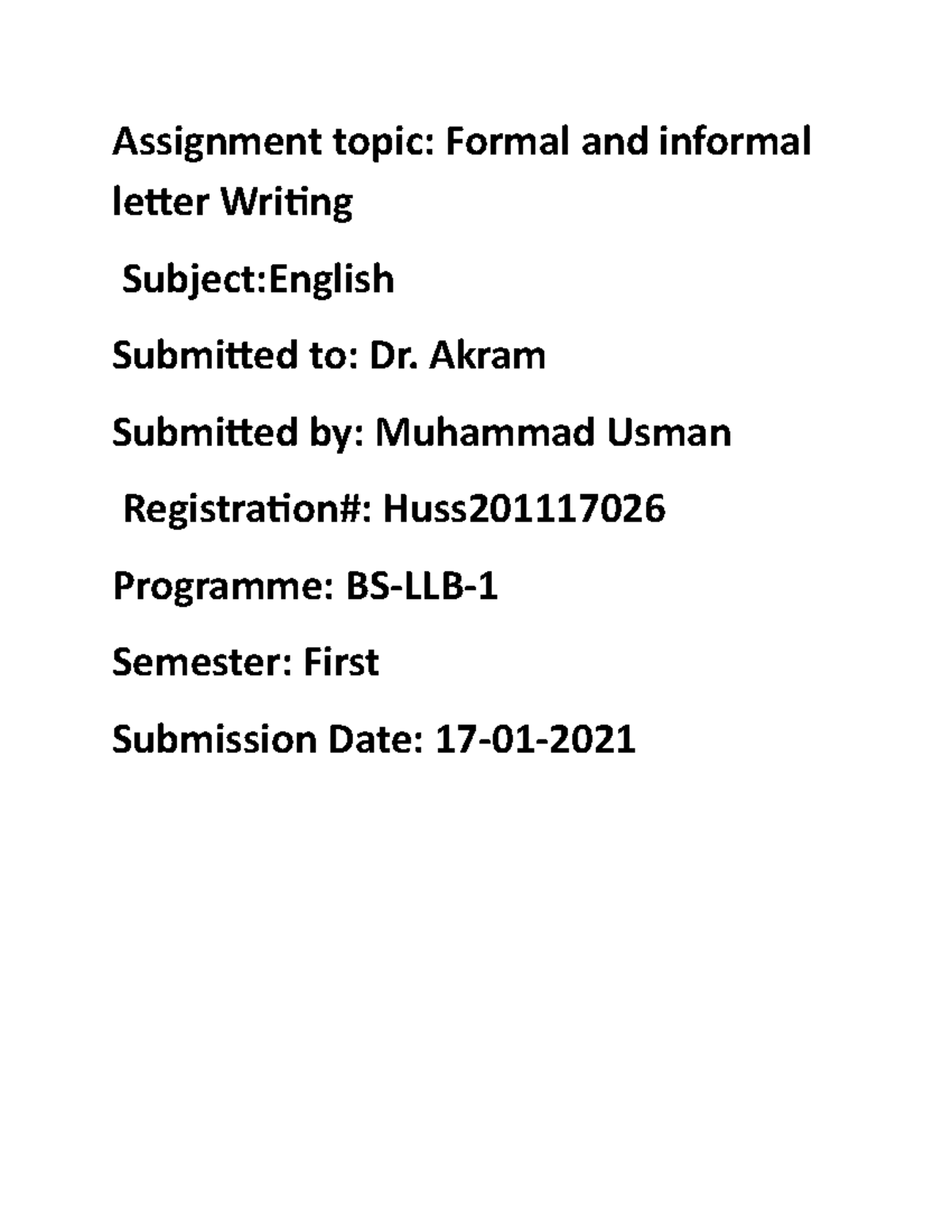 Law of business administration - Assignment topic: Formal and informal ...