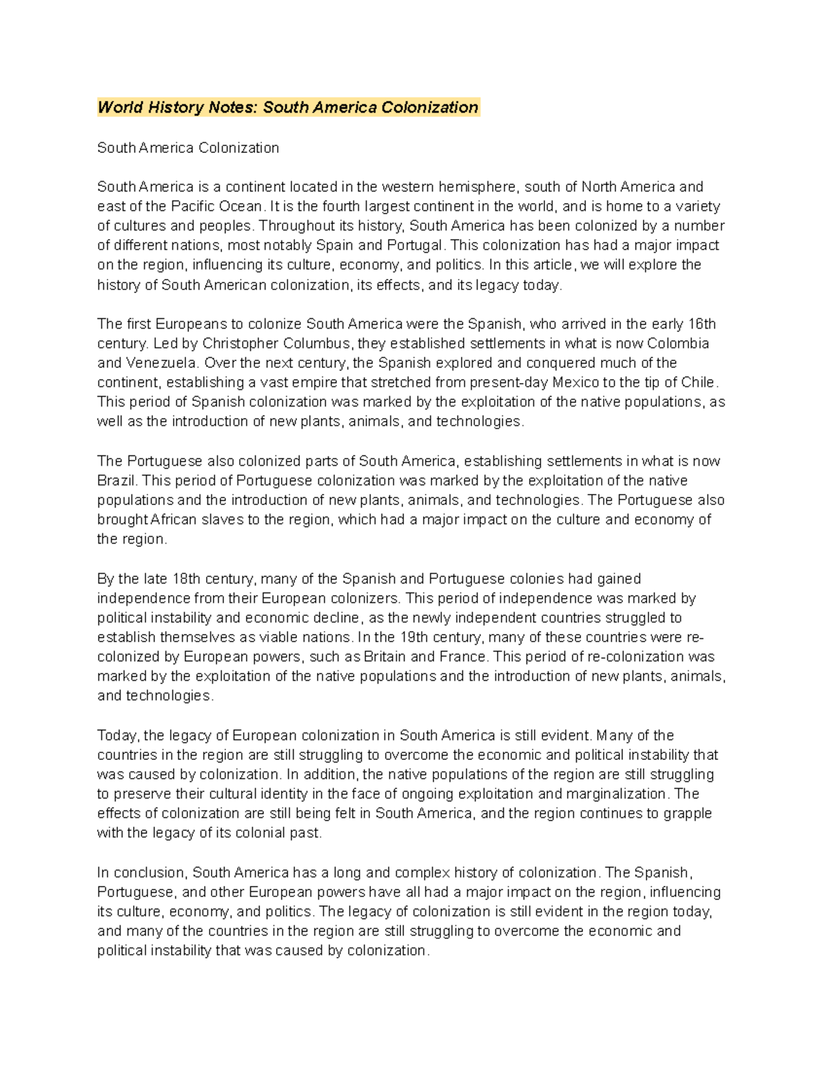 History Notes (27) - World History Notes: South America Colonization ...