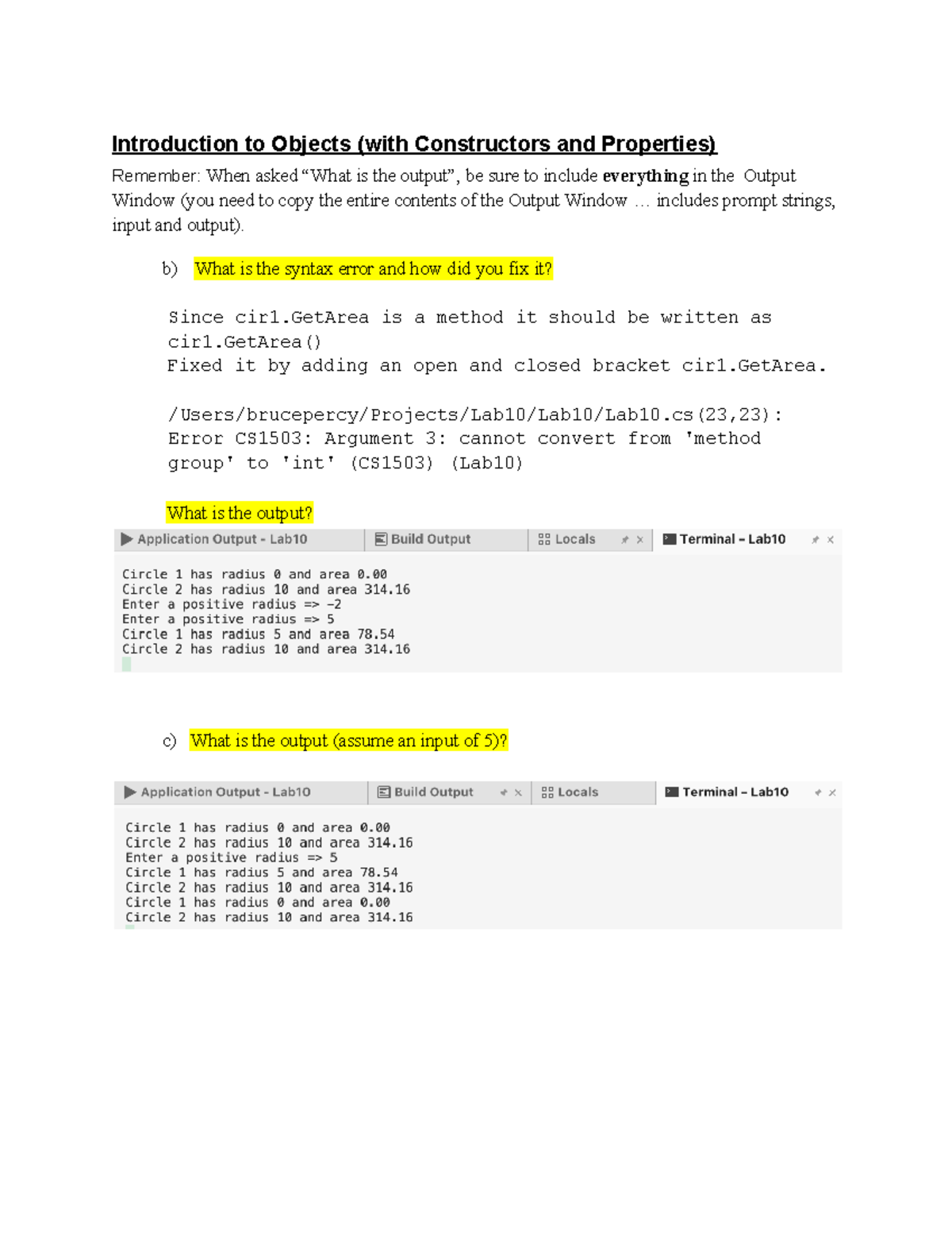 COIS 1020 bruce Percy - Lab 10 - Introduction to Objects (with Constructors and Properties ...