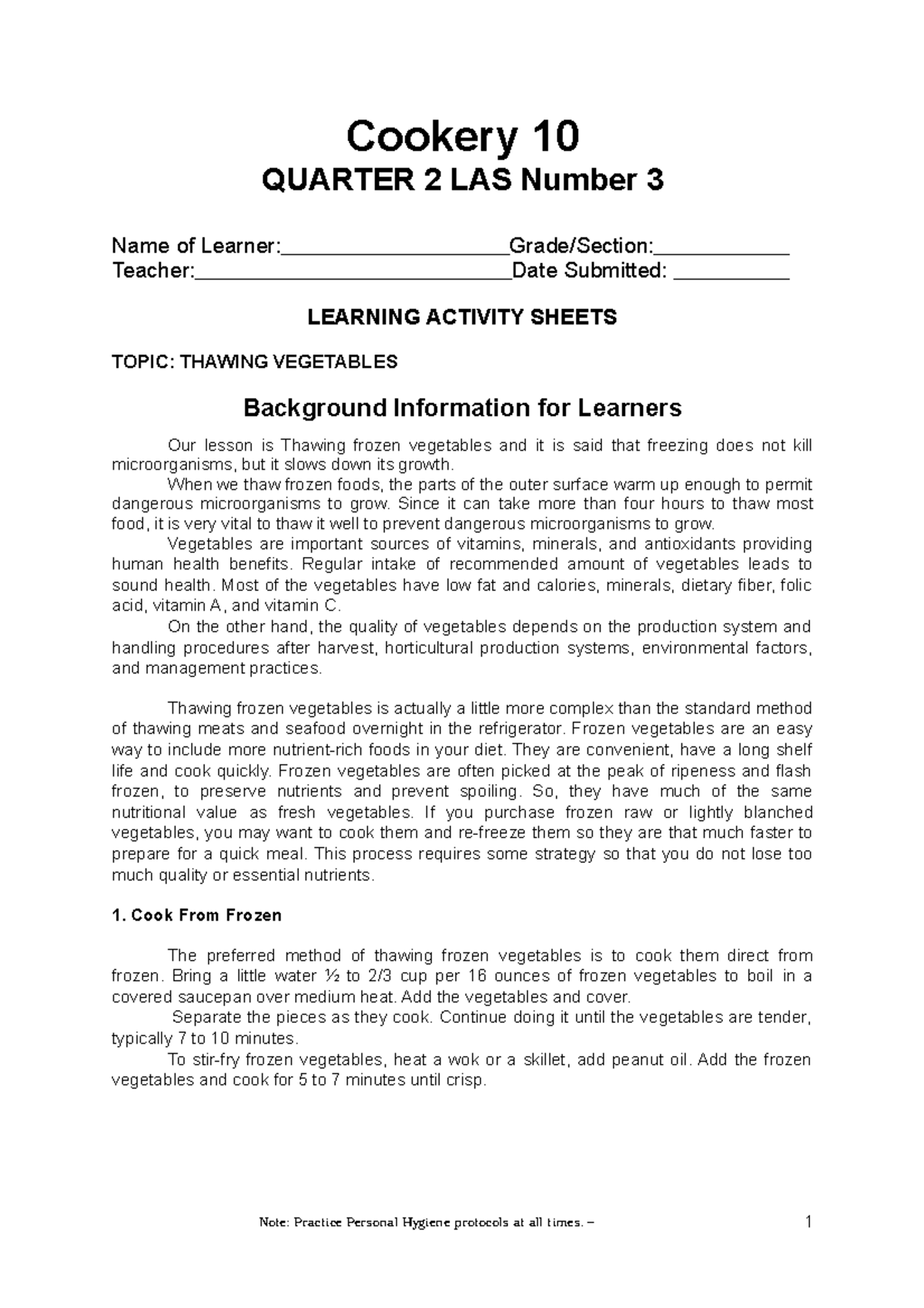 Cookery 10 Quarter 2 LAS No. 3 2021-2022 - Bachelor of Science in ...