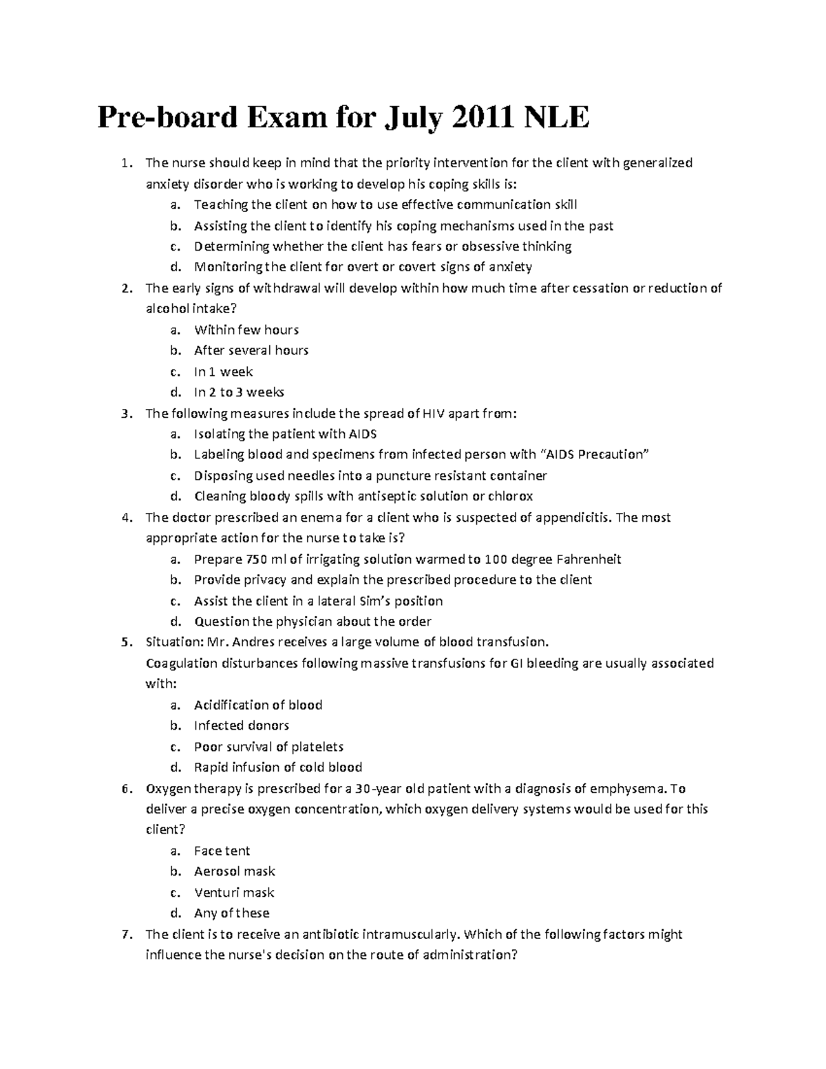 Preboard EXAM NLE - FOR ACADEMIC USE ONLY. - Pre-board Exam for July ...