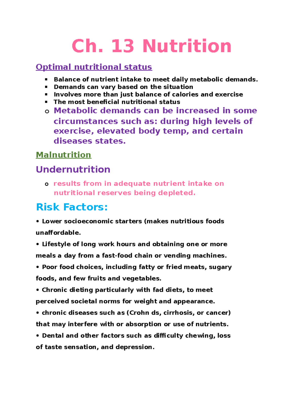 Ch. 13 nutrition notes - Ch. 13 Nutrition Optimal nutritional status ...