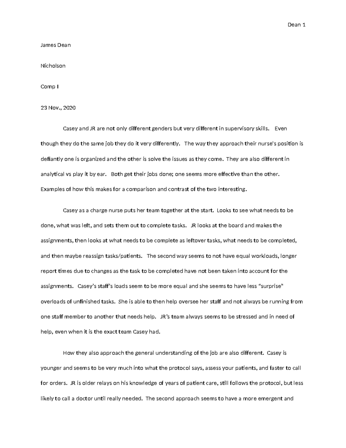 Cc essay - Dean 1 James Dean Nicholson Comp I 23 Nov., 2020 Casey and ...