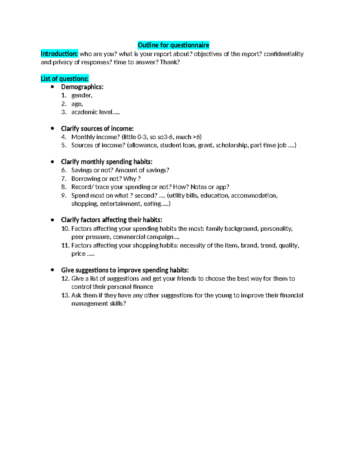 Questionnaire writing guide for final assignment - Outline for ...