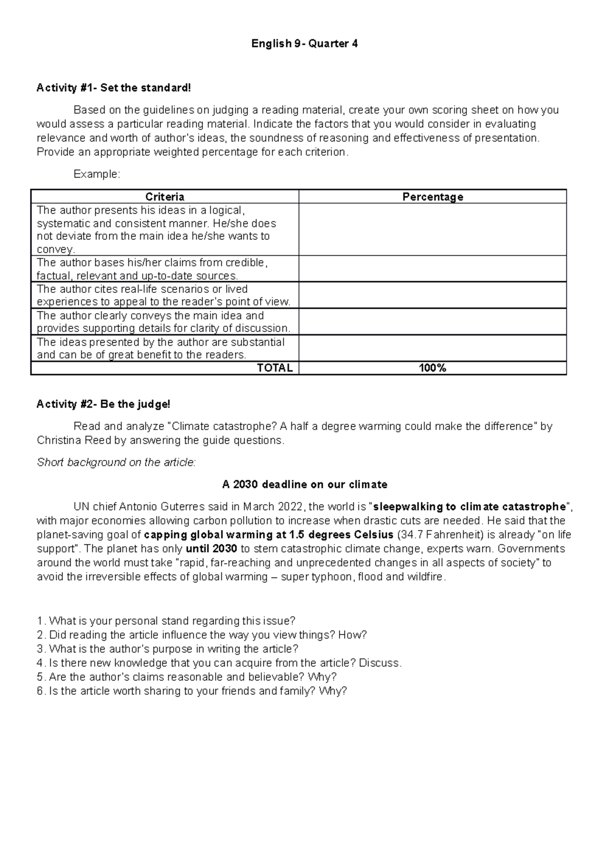 English 9-activity sheets - English 9- Quarter 4 Activity #1- Set the ...