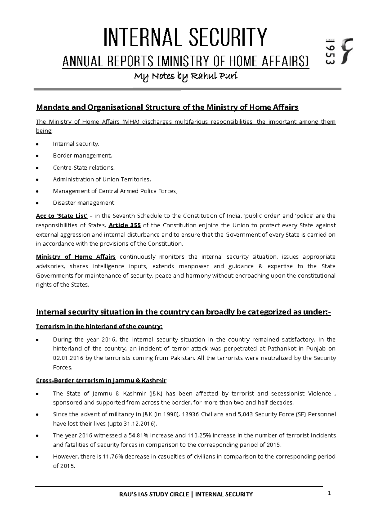 Annual Reports Ministry of Home Affairs - My Notes by Rahul Puri ...