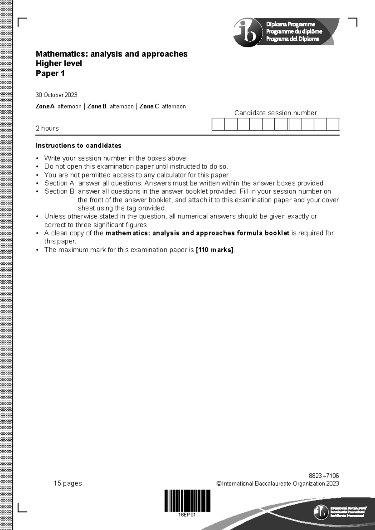 Mathematics Analysis And Approaches Paper 1 Tz1 Hl Candidate Session Number 8823