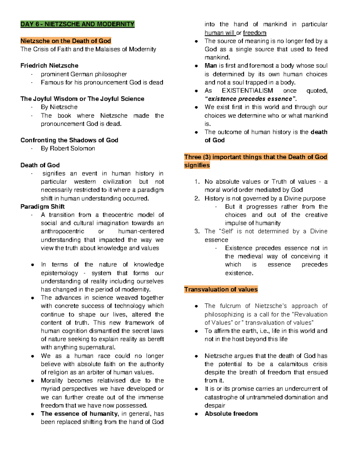 Midterm- Notes- Ethics - DAY 6 - NIETZSCHE AND MODERNITY Nietzsche on ...