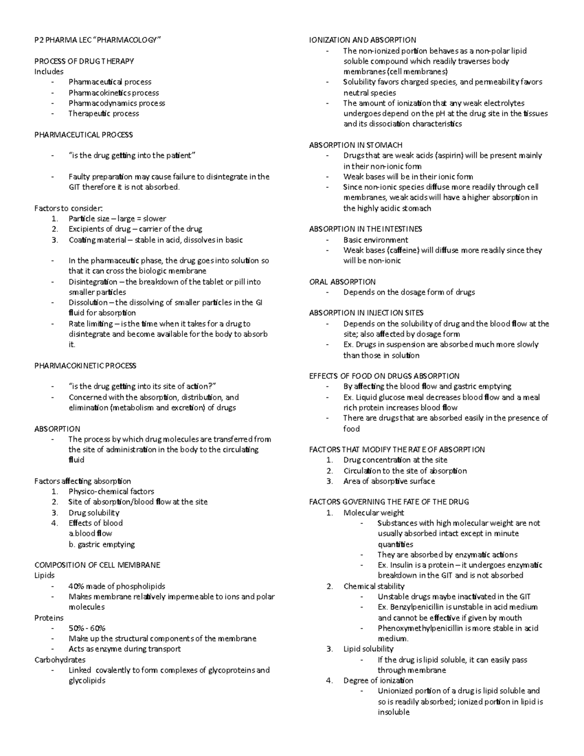 P2 Pharma LEC - P2 PHARMA LEC “PHARMACOLOGY” PROCESS OF DRUG THERAPY ...