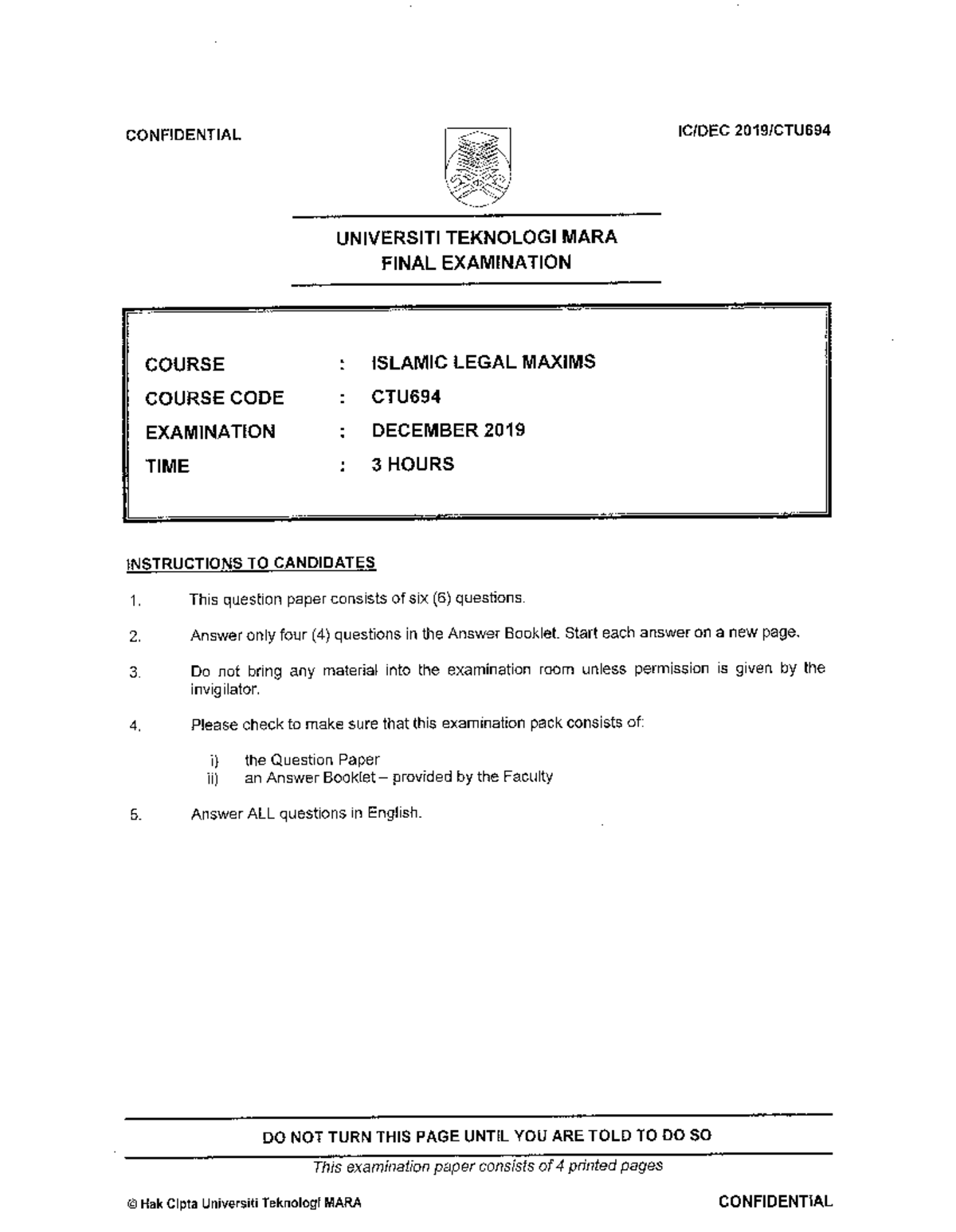 CTU694 - weqwe - CONFIDENTIAL COURSE COURSECODE EXAMINATION TIME ...