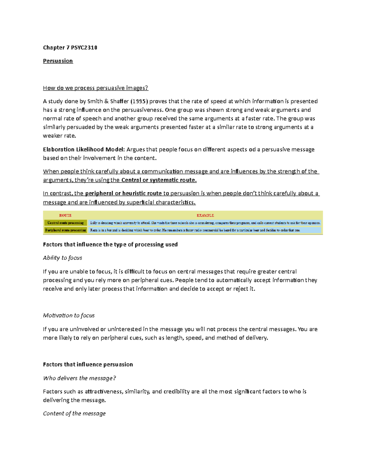 Chapter 7 Textbook Notes - Chapter 7 PSYC Persuasion How do we process ...
