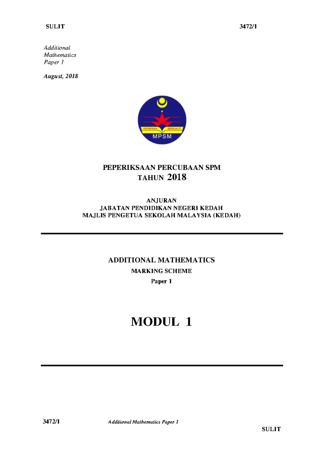 2018 Add Math P1 Kedah Answer - 3472/1 Additional Mathematics Paper 1 Additional Mathematics ...