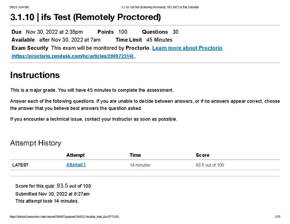 3.1.10 ifs Test (Remotely Proctored) JHS Apcsa Fall Schieffer - 3.1 ...