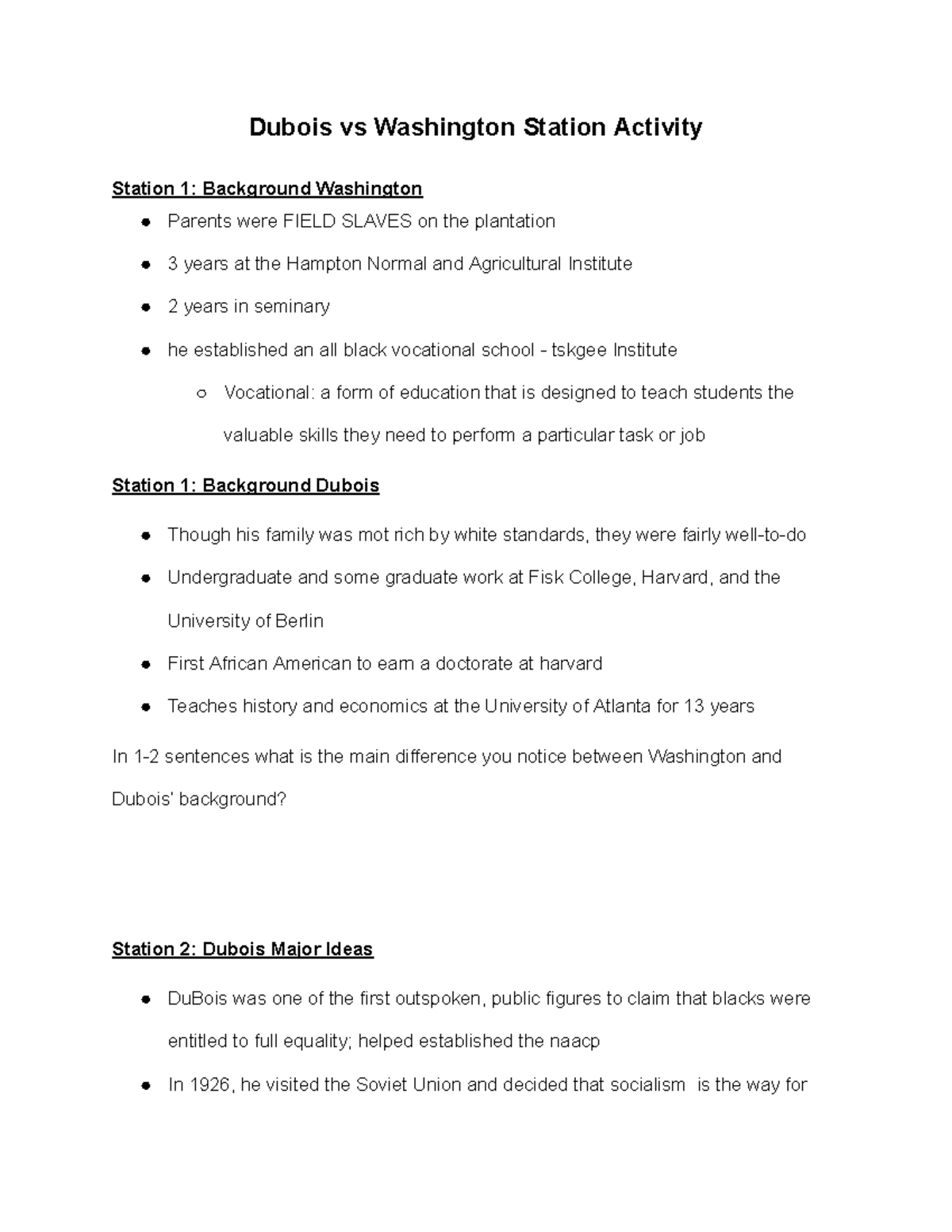 Booker T Washington vs. WEB Dubois Station Activity - Dubois vs ...