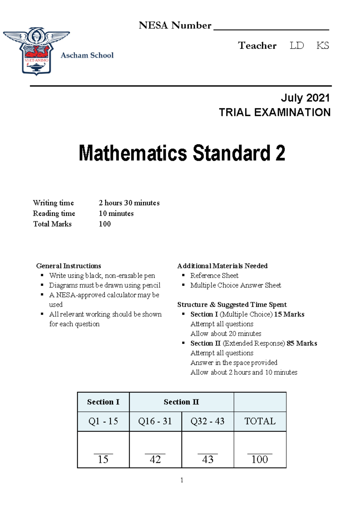 2021 Ascham Trial Math Standard 2 - July 2021 TRIAL EXAMINATION ...