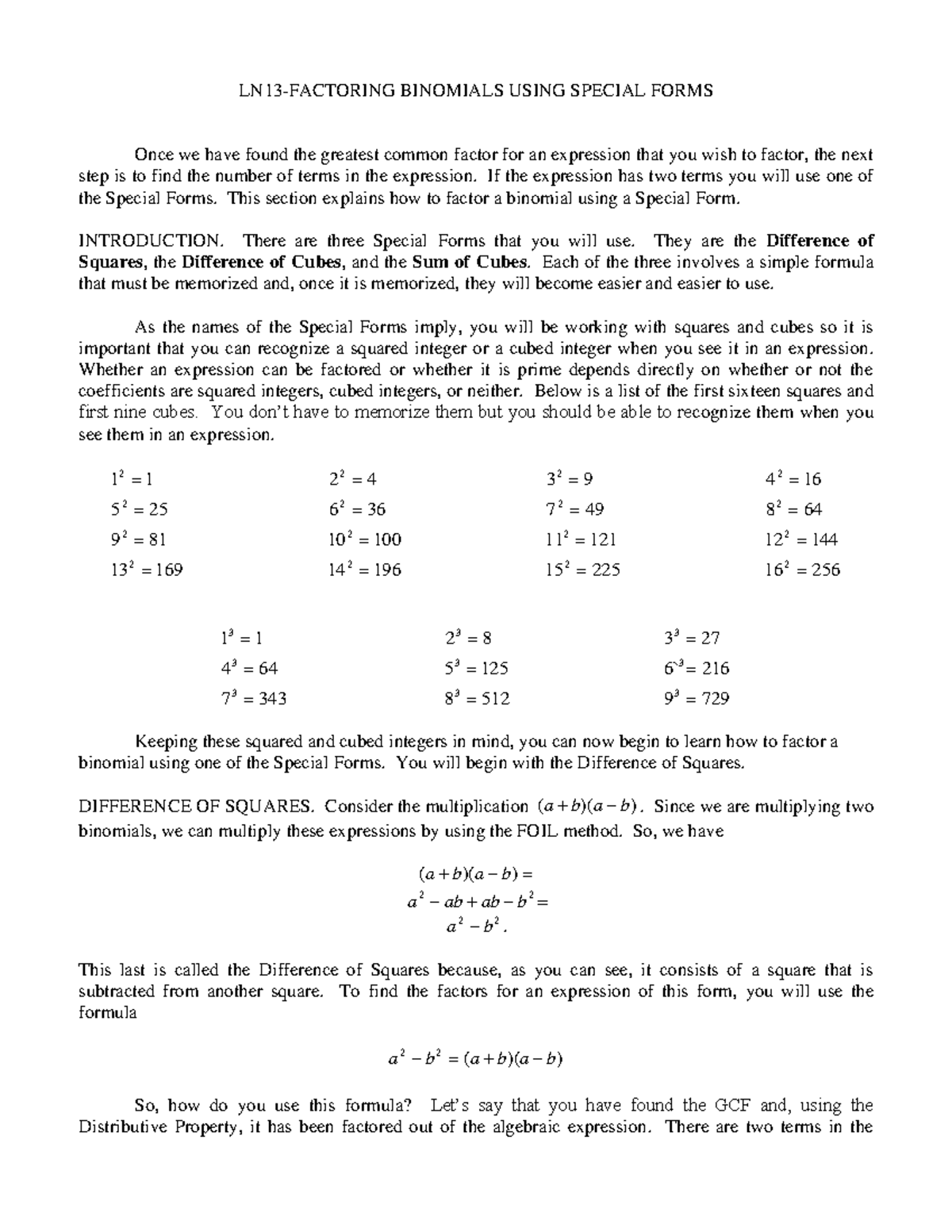 LN13- Factoring Binomials - LN13-FACTORING BINOMIALS USING SPECIAL ...