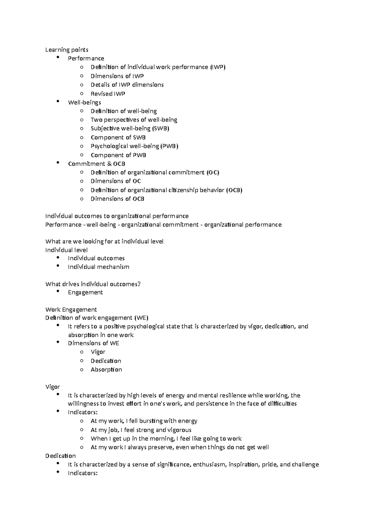 Individual Outcomes - Learning points Performance o Definition of ...